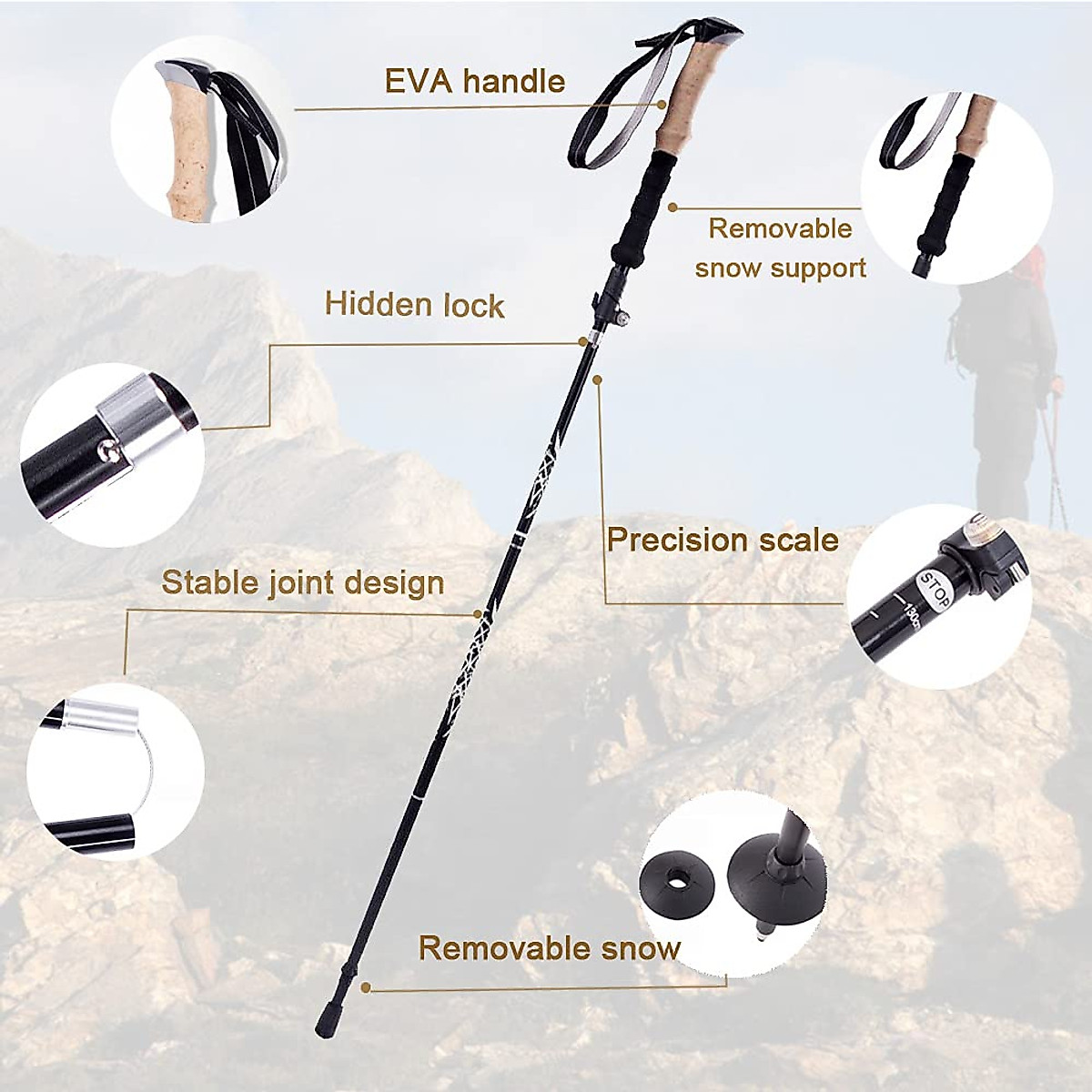 WEISIYU Trekking Hiking Poles - Collapsible and Telescopic Walking Sticks with Natural Cork Handle and Extended EVA Grips for Backpacking Camping