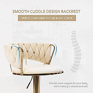 Kiztir Velvet Swivel Bar Stools Set of 2, Adjustable Counter Height Bar Chairs with Woven Back & Footrest, Luxury Gold Bar Stools for Kitchen Island, Cafe, Pub (Cream)