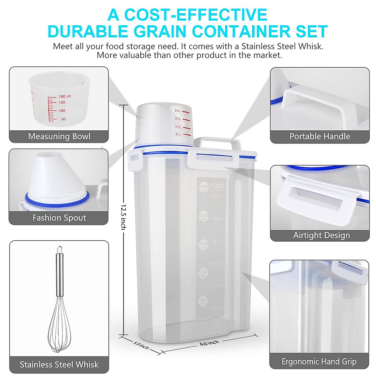 Uppetly Rice Airtight Dry Food Storage Containers, BPA Free Plastic Sealed Holder Bin Dispenser with Pouring Spout, Measuring Cup for Cereal, Flour and Oatmeal, Include a Stainless Steel Whisk