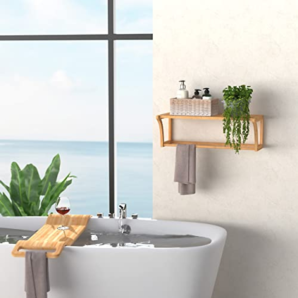 ClosetMaid Bamboo Wall Shelf with Towel Bar, Wall Mount Storage Shelves, Organizer Rack, Natural Finish