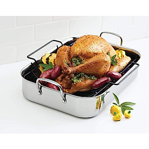 Anolon Triply Clad Stainless Steel Roaster / Roasting Pan with Rack - 17 Inch x 12.5 Inch, Silver