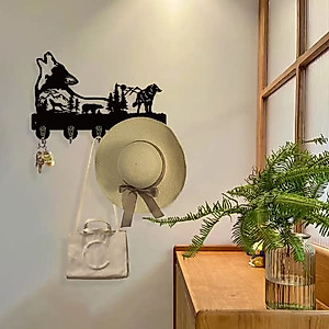 SCITOY Wolf Key Holder, Animal Theme Wall Mount Organizer, Wooden Key Hooks with 5 Metal Hooks,19 * 29 * 3cm Black Home Decoration for Storage, Living Room, Hallway, Office