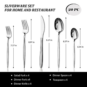 Lorena 20-Piece Stainless Steel Silverware Flatware Cutlery Set, Service for 4, Eclipse