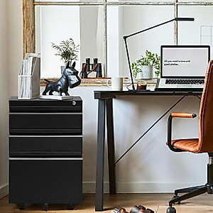 GOOGIC 3-Drawer Mobile File Cabinets Rolling Metal Filing Cabinet for Legal & Letter File Anti-tilt Design with Lock Under Desk Office Drawers Fully Assembled Except Casters Black