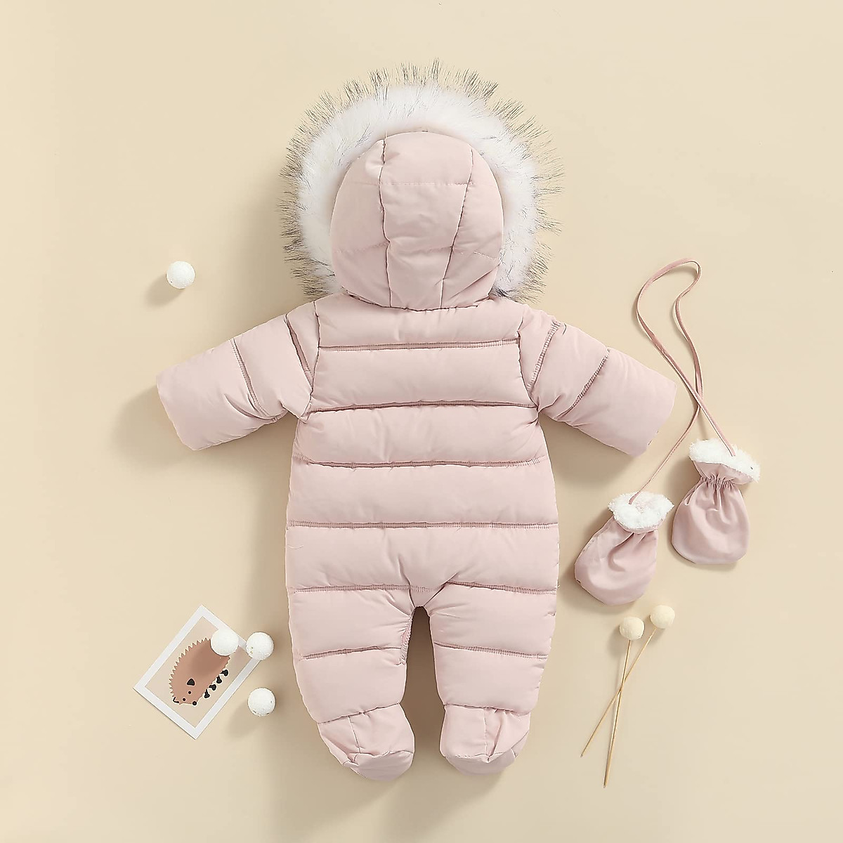 WALLARENEAR Infant Baby Boys Girls Winter Snowsuit Romper Hoodied Footie Outwear Toddler Jumpsuit Down Coat Jacket with Gloves (Pink, 12-18 Months)