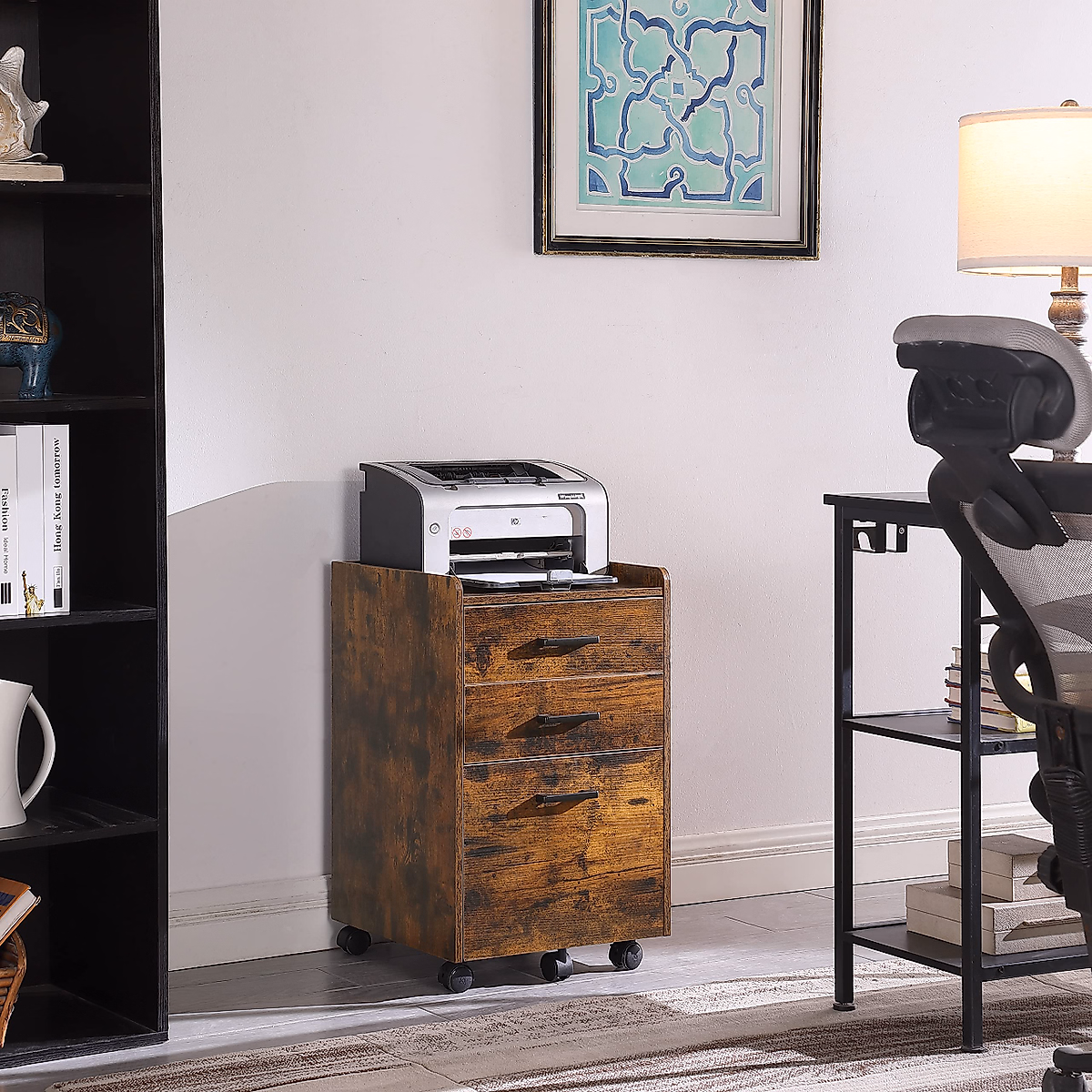 Kavonty File Cabinet, Mobile Office Cabinet with 2 Small Fabric Drawers and 1 Large Drawer,for A4, Letter Size, Hanging File Folders, Rustic Brown and Black