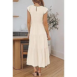 ZESICA Women's 2023 Summer Casual Flutter Short Sleeve Crew Neck Smocked Elastic Waist Tiered Midi Dress,Apricot,Large