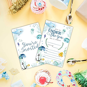 AWSICE Under The Sea Birthday Invitations, Ocean Animals Double-Sided Fill-In Invite Cards For Birthday Party, 20 Invitations With Envelopes, Decorations,Party Favor And Supply-A16