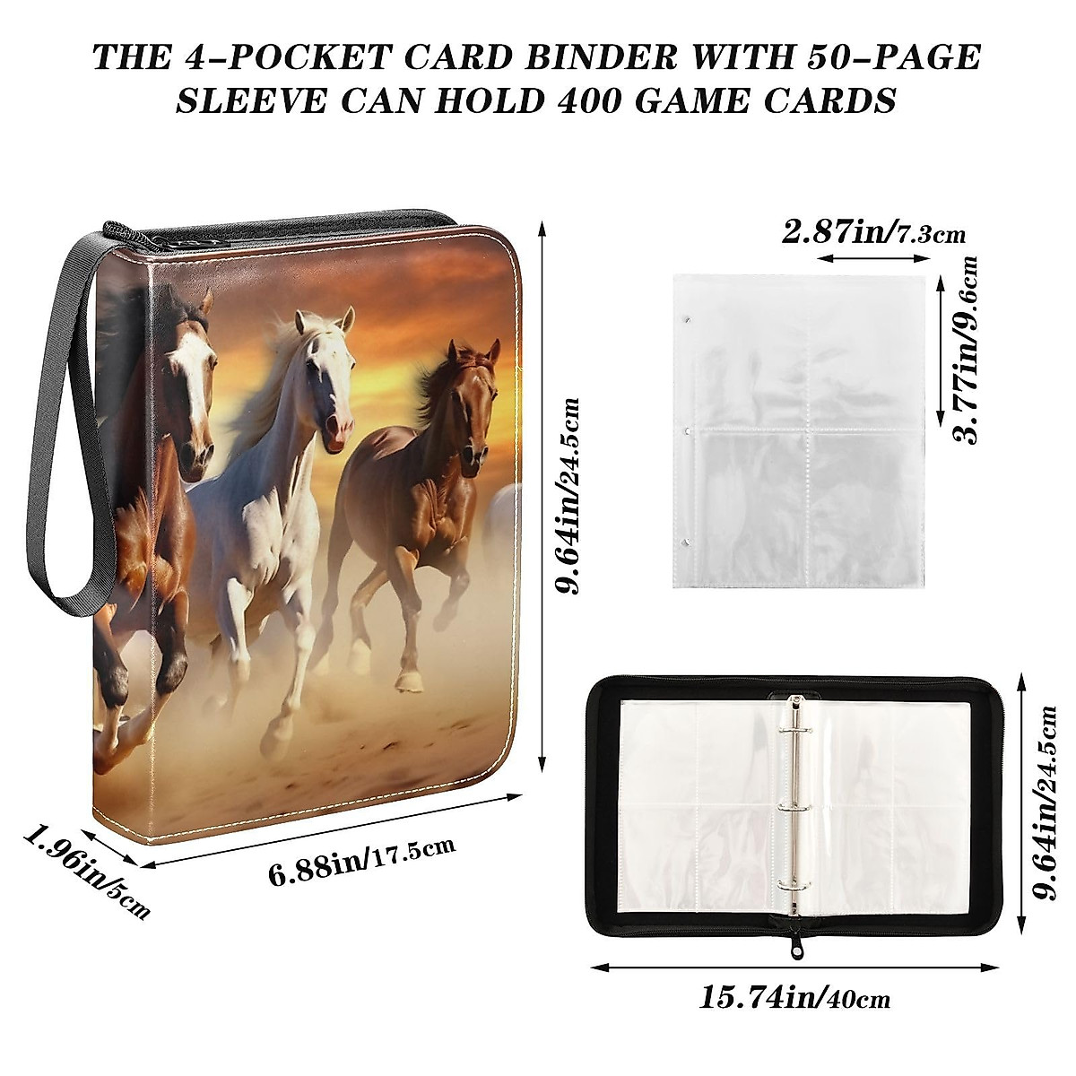 PYBUG Horse Trading Card Binder with Nylon Strap 4-Pocket Waterproof PU Leather Card Collection Binder for 400 Cards Sturdy Card Holder Folders for Game Cards,Sports Cards