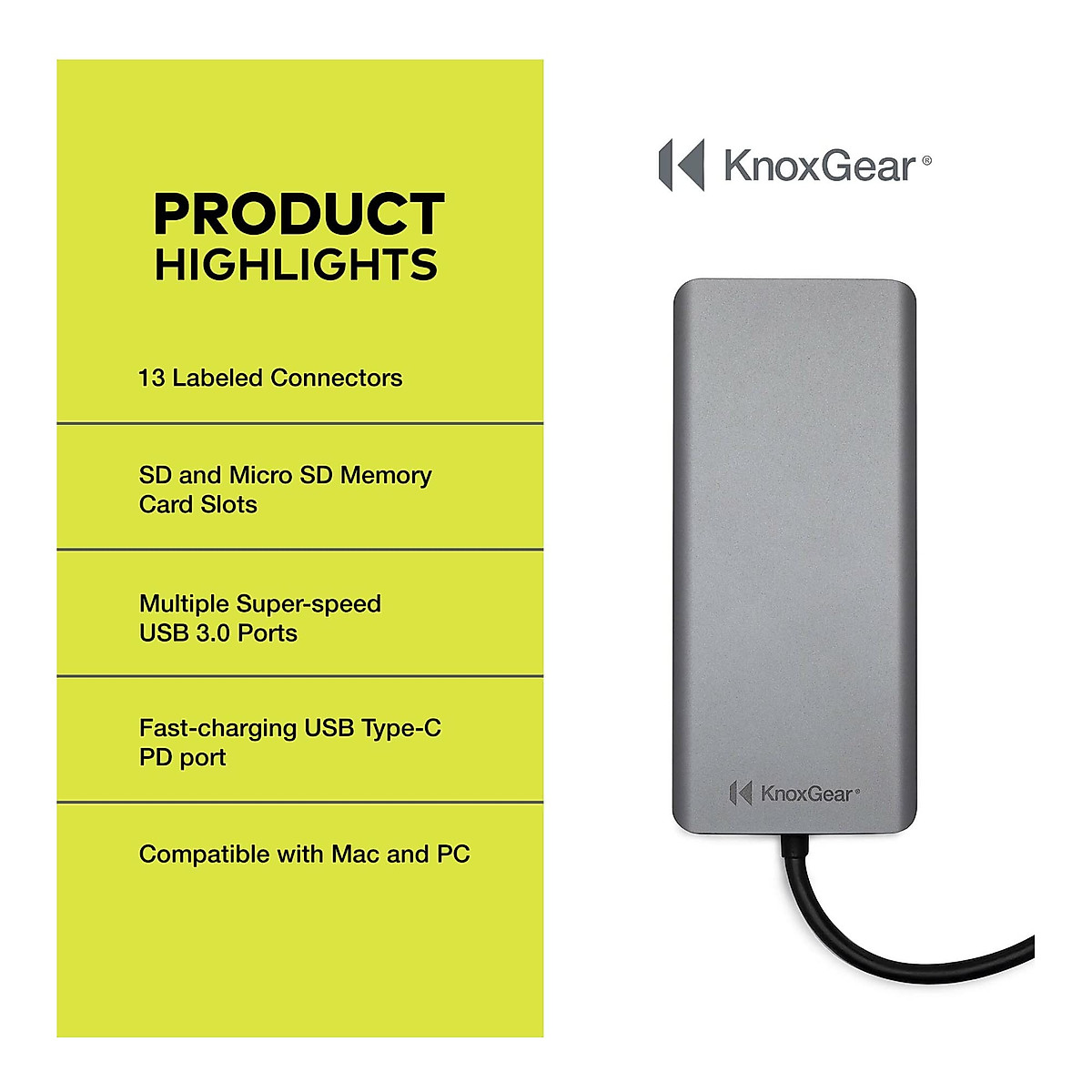 Knox Gear Kernel 13-in-1 USB-C Power Delivery Charging Port Hub, USB C Hub, 2 HDMI Ports, SD and MicroSD Card Slots, Data Transfer Rate of 5 Gbps, Multiport Adapter Compatible with Mac and PC Devices