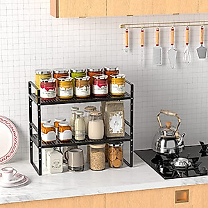 iPEGTOP 2 Pack Large Expandable Kitchen Cabinet Shelf Organizer Rack, Heavy Duty Steel Stackable Pantry Storage Shelves Rack, Cupboard Shelf for Home Office Kitchen Bathroom Garage, Black