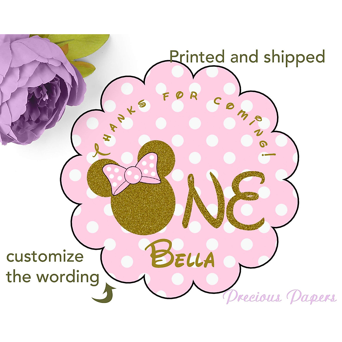 Pink and Gold Mouse Stickers Personalized, Printed and Shipped Set of 24 Mouse First Birthday Stickers