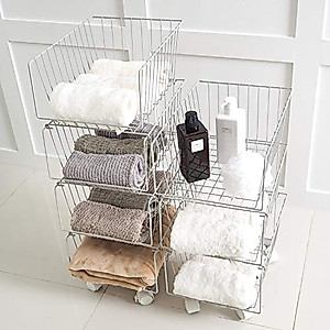 Rolling Stackable Storage Bin, Modern 4 Tiers Basket with Lockable Casters, Utility Storage Organizer for Kitchen, Pantry, Closets, Bedrooms(Gray)