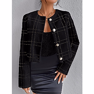 SweatyRocks Women's Plaid Long Sleeve Round Neck Button Down Crop Jacket Single Breasted Short Coat Top Black S