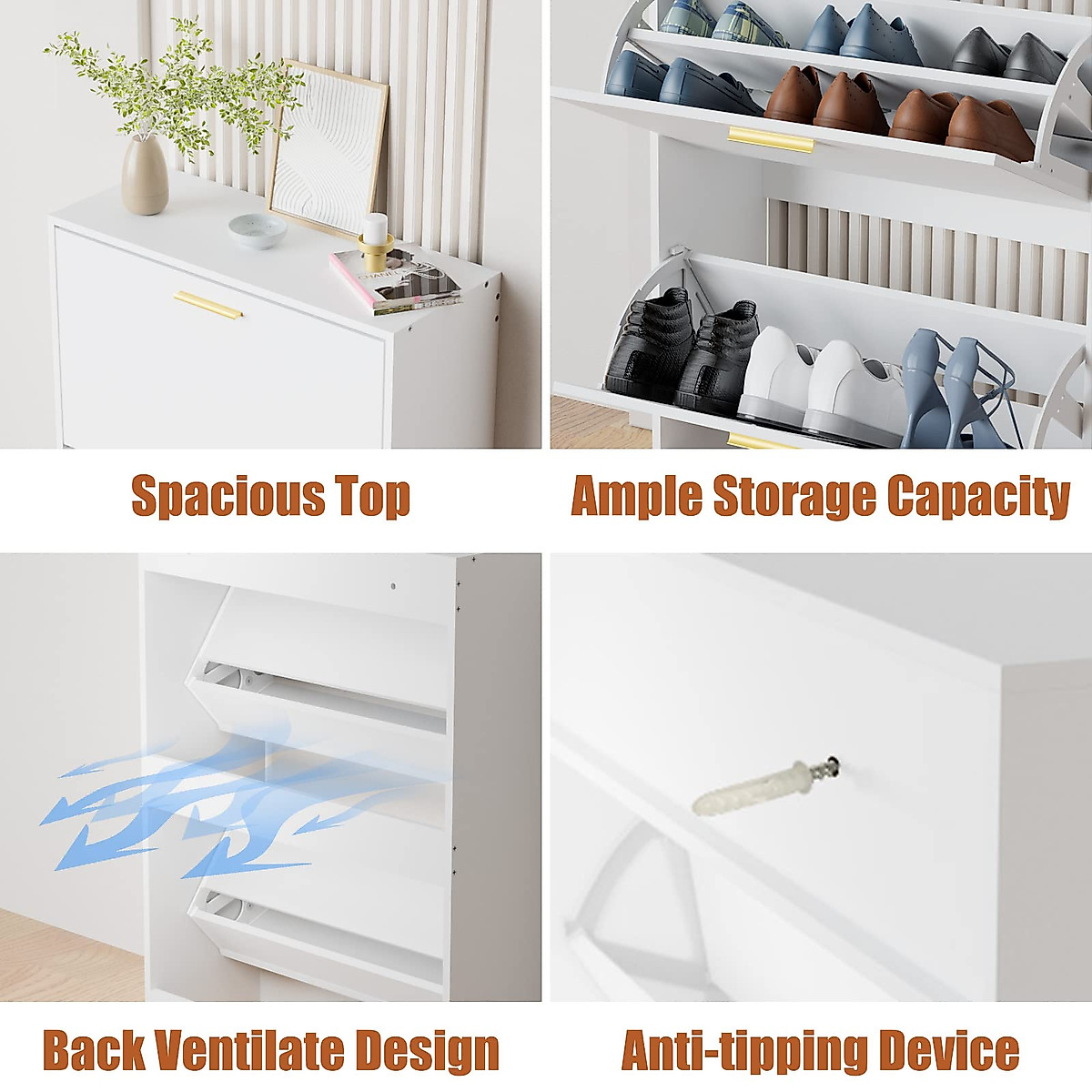 JOZZBY Shoe Cabinet Storage for Entryway, Slim White Hidden Shoe Organizer Cabinet with 2 Flip Drawers, Wooden Narrow Shoe Rack with 2 Tier Freestanding for Hallway, Living Room