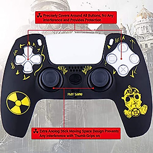 YoRHa Silicone Rubber Back Dots Carving Customizing Skin Cover for PS5 Controller x 1(Radiation Yellow) with Pro Thumb Grips x 10