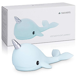 Navaris Narwhal Night Light - Battery Powered Color Changing LED Lamp for Kids, Baby Nursery, Boys, Girls - BPA-Free and Phthalate-Free - Light Blue