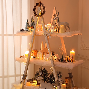 Quzzil Christmas Village Display Shelves 4 Tier Ladder Bookshelf A Shaped Bookcase with Artificial Snow Blanket Tall Wooden Ladder Shelf Storage Organizer for Living Room Home Office (White)