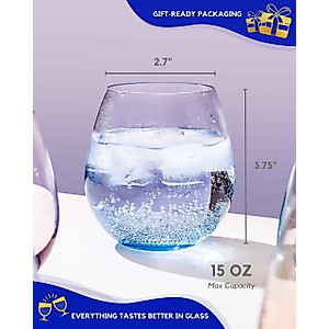 ColoVie 15 oz Stemless Wine Glasses Set of 6, Large Colored Wine Glasses, Short Wine Glass Set for Red Wine, White Wine, No Stem Margarita Glasses