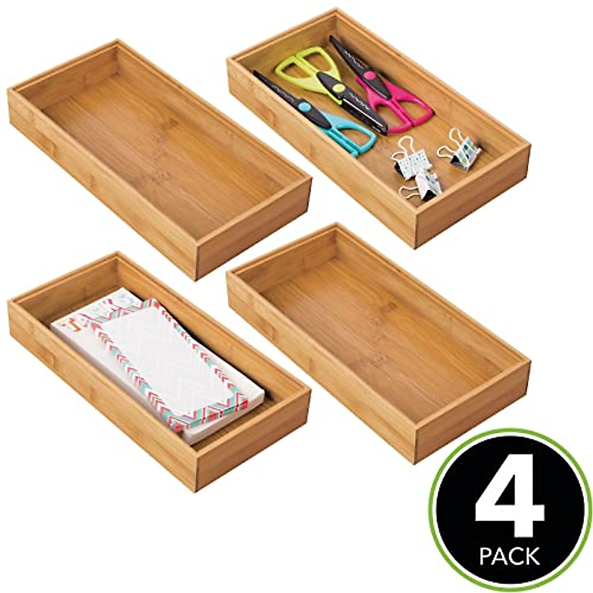 mDesign Wooden Bamboo Drawer Organizer for Office - 12" Long Stackable Storage Box Tray for Desk Drawers/Cabinet - Junk Drawer and Accessories Organization - Echo Collection - 4 Pack - Natural Wood