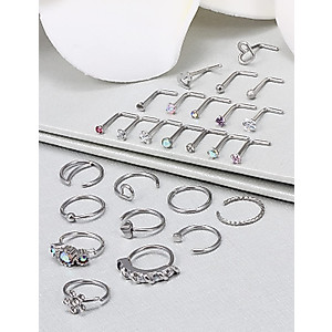 Vsnnsns 20G Nose Rings for Women Surgical Steel Nose Rings Hoops L Shaped Nose Studs Nose Hoop Rings 2mm Diamond CZ Nose Ring Nose Piercing Jewelry Silver 26Pcs