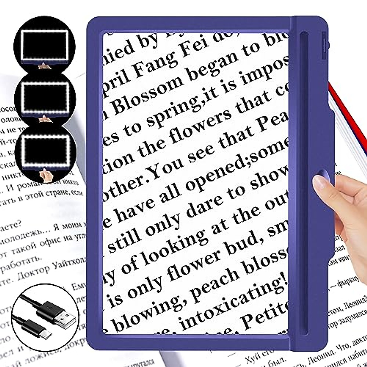 Upgrade Page Magnifying Glass for Reading - 5X Rechargeable Large Lens Magnifier Full Page Rectangular Reading Magnifier 43 LED with Light for Book and Low Vision Person