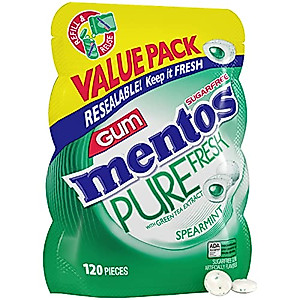 Mentos Pure Fresh Sugar-Free Chewing Gum with Xylitol, Spearmint, 120 Piece Bulk Resealable Bag (Pack of 1)