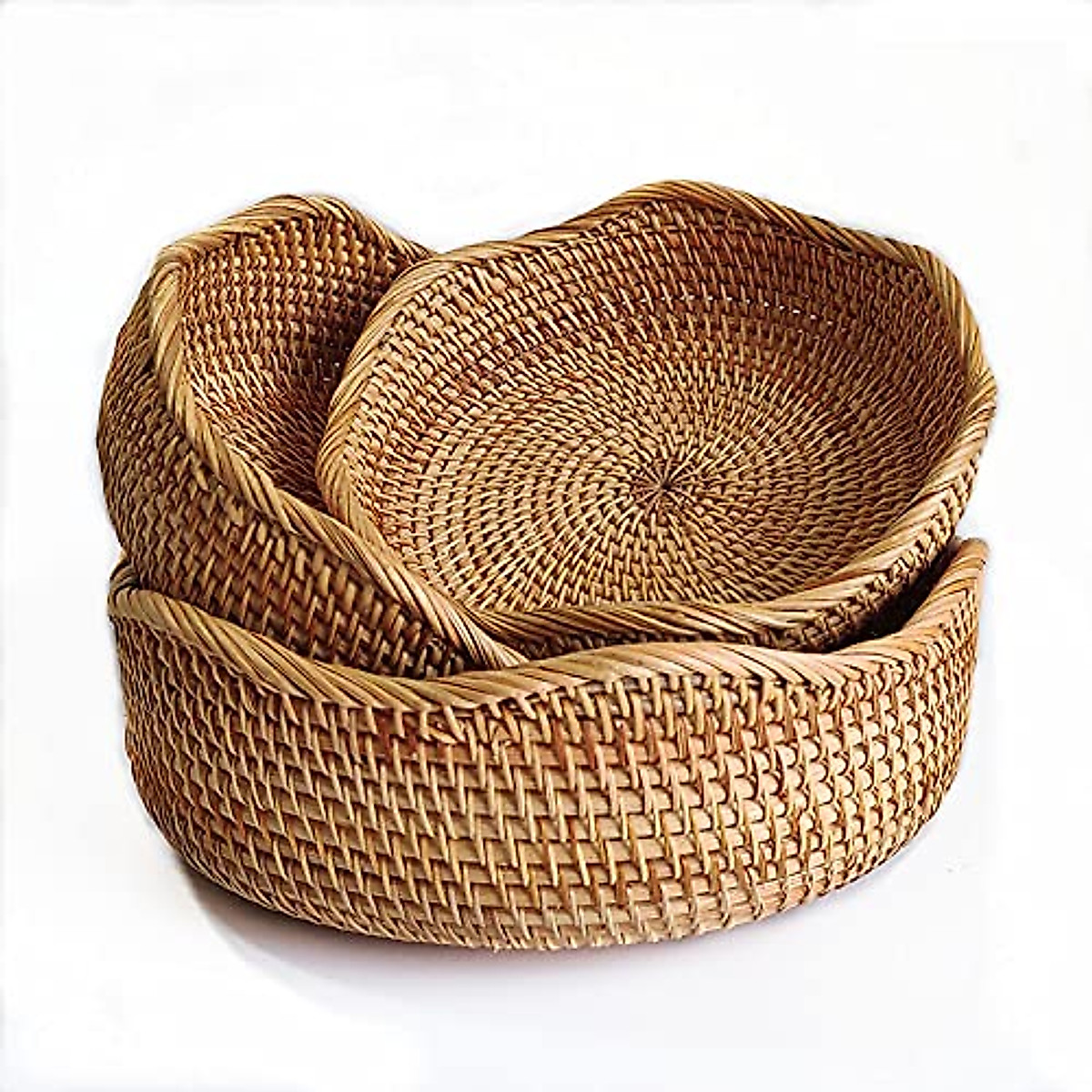 Rattan Round Fruit Baskets, Wicker Storage Bowls, Natural Woven Serving Basket Bowls, Decorative Baskets for Kitchen Counter Organizing, set of 3