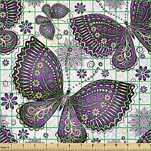 Ambesonne Natural Fabric by The Yard, Butterflies with Paisley Motif on Wings Flowers Art Print, Stretch Knit Fabric for Clothing Sewing and Arts Crafts, 1 Yard, White Purple
