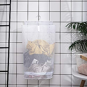 ALYER Hanging Semi Round Storage Mesh Bag,Collapsible Laundry Hamper Basket with Durable Hanger (White)