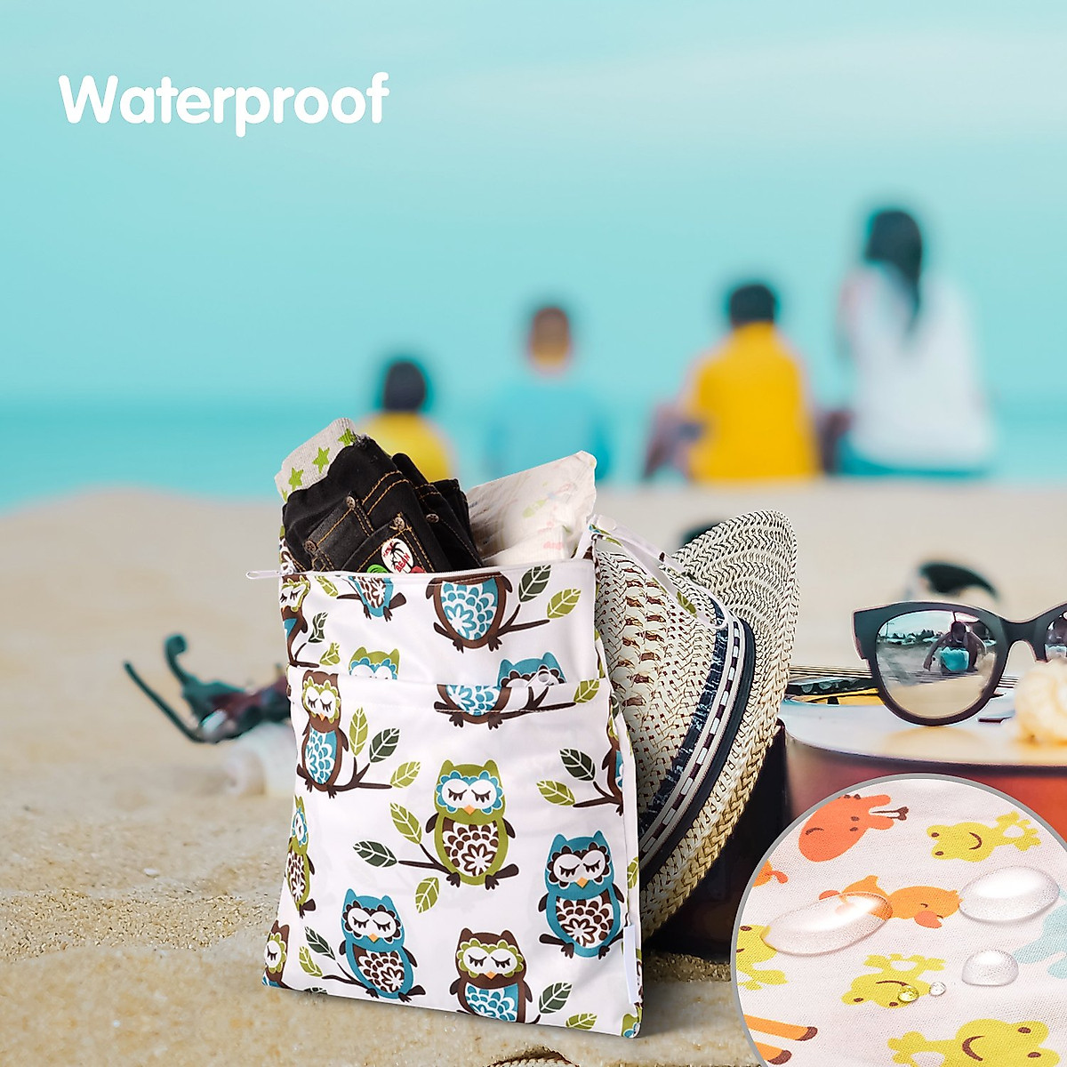 Wet Dry Bag Splice Cloth Diaper Wet Bags Waterproof Double Infant Stroller Travel Small Size Zipper Snap Handing for Swimwear Bathing Suit Baby Kids Reusable (Giraffe and Owls)