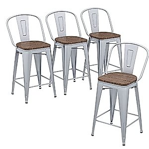 Andeworld Metal Bar Stools Counter Height Stools Dining Chairs High Back Industrial Barstools Set of 4 (30inch,Silver)