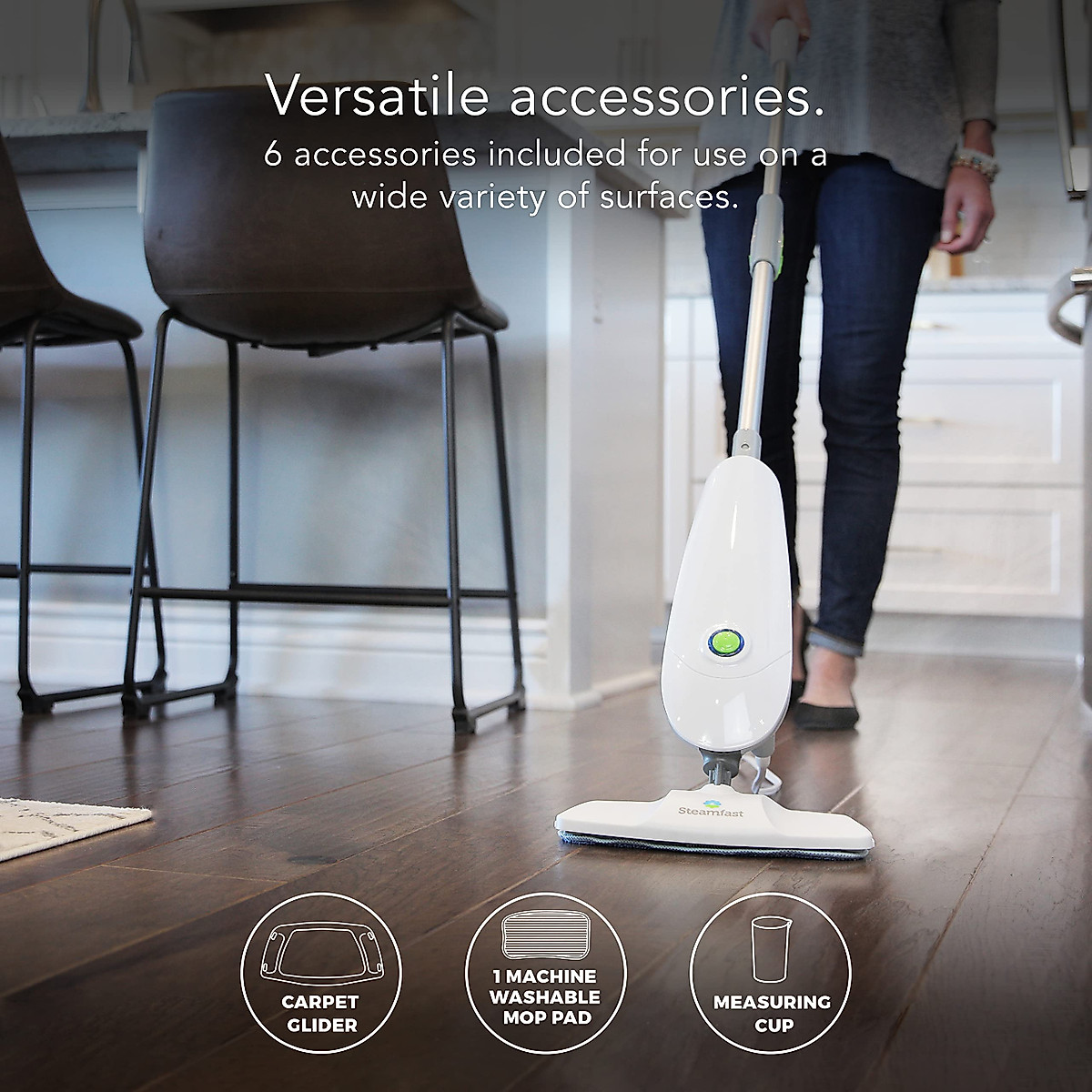 Steamfast SF-162 Light Weight Steam Mop, Natural Sanitization, Hardwood/Laminate/Tile/With Carpet Glider Spot Clean Accessory, Washable Mop Pads