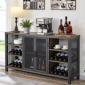 FATORRI Industrial Wine Bar Cabinet for Liquor and Glasses, Farmhouse Metal Sideboard & Wood Coffee/Buffet Cabinet with Wine Rack (55 Inch, Walnut Brown)