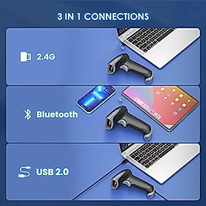 Eyoyo Wireless Barcode Scanner, 3-in-1 Bluetooth Barcode Scanner for Inventory, Cordless Vibration 1D 2D Qr Code Scanner, Handheld Wireless Barcode Reader for Windows iOS and Computers