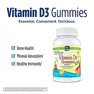 Nordic Naturals Vitamin D3 Gummies Kids, Wild Watermelon Splash - 120 Gummies - 400 IU Vitamin D3 - Bone Health, Healthy Immunity - Non-GMO, Vegetarian - 120 Servings