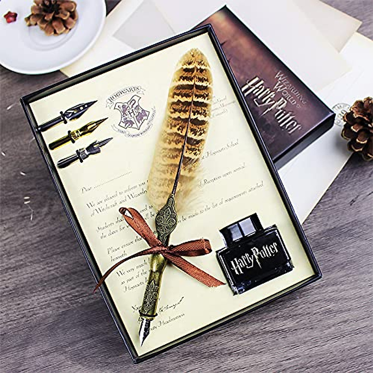DSWINCE Feather Calligraphy Pen Set for Beginners,Metal Nib Writing Quill Ink Pen Vintage Fountain Dip Pen Gift Set (Owl feather pen)