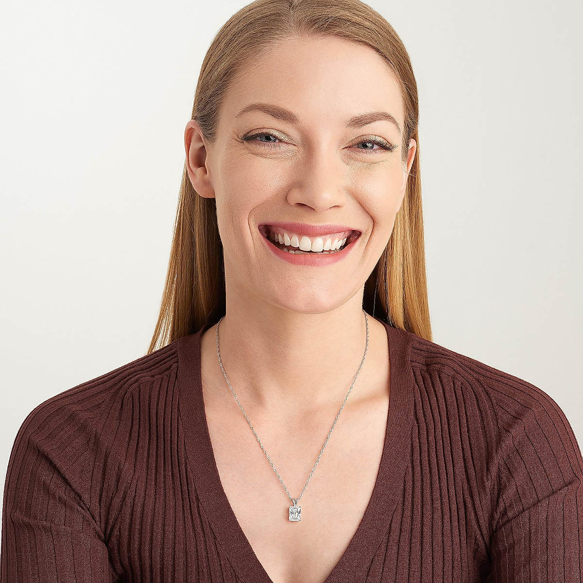 MORGAN & PAIGE CZ Diamond Emerald Cut Necklace - 925 Platinum Plated Sterling Silver Necklace With 3/8" Emerald Cut Cubic Zirconia Pendant - 18"