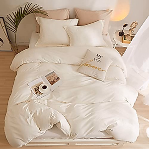 LifeTB Cream White Microfiber Duvet Cover Set Full Queen / 4 Piece Cream White Cooling Sheets Set Queen (1 Duvet Cover, 2 Pillowcases / 1 Flat Sheet, 1 Fitted Sheet, 2 Pillowcases)