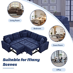 Pull Out Couch Sectional Sleeper Sofa Couch with Pull Out Bed Convertible Sofa Bed with USB Ports and Power Sockets L Shaped Couch for Living Room, Navy Blue