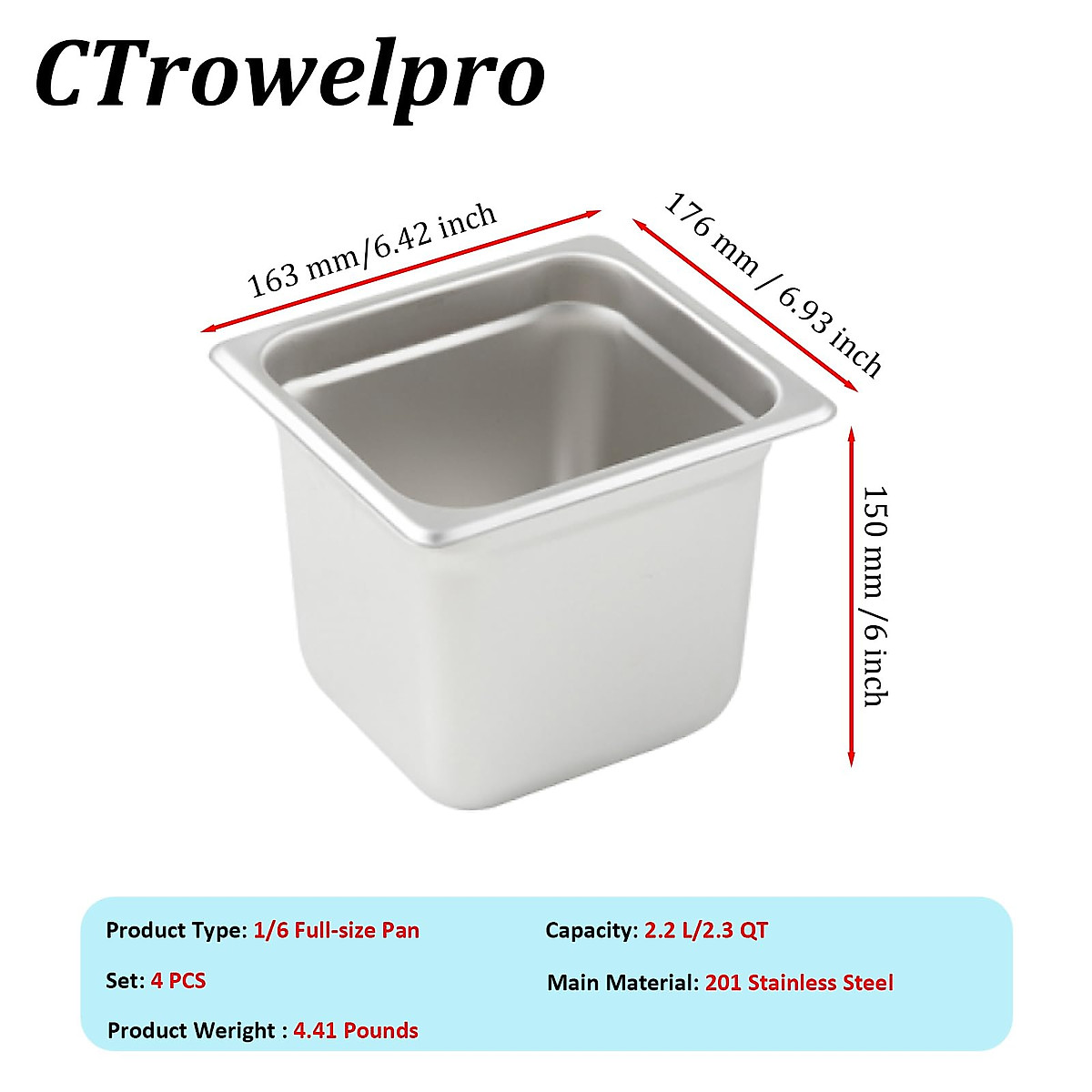 CTrowelpro 4 Pcs 1/6 Size Stainless Steel Hotel Pans, 6 Inch Deep, Anti-Jam Steam Table Pan, Restaurant Buffet Trays for Catering Storage Metal Food Pan