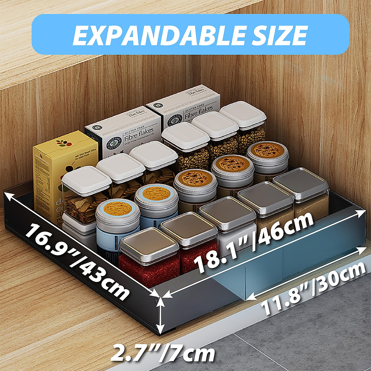 Expandable Pull out Cabinet Organizer with Sliding Drawer, Expandable (11.8"-18.1")Heavy Duty Slide out Drawer Adhesive Nano Film Slide Out Pantry Shelves for Kitchen,Bathroom,Pantry (2.7" H) (Black)