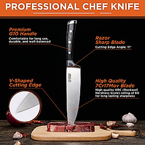 Commercial CHEF Professional Chef Knife with Sharpener - 8 Inch Chef's Knives - Well Balanced Full Tang Ultra Sharp Kitchen Knife - High Carbon Stainless Steel - Long Lasting Cooking Knife - Gift Box
