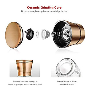 bonris Copper Stainless Steel Salt and Pepper Grinder Set Manual Himalayan Pink Salt Mill|Salt and Pepper Shakers with Adjustable Coarseness and Clear Glass Body (Pack of 2)