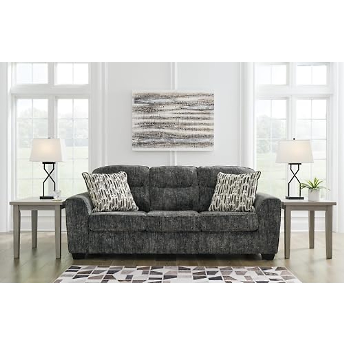 Signature Design by Ashley Lonoke Modern Sofa with 2 Accent Pillows, Gray