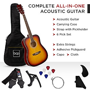 Best Choice Products 41in Full Size Beginner All Wood Acoustic Guitar Starter Set w/Case, Strap, Capo, Strings, Picks - Sunburst