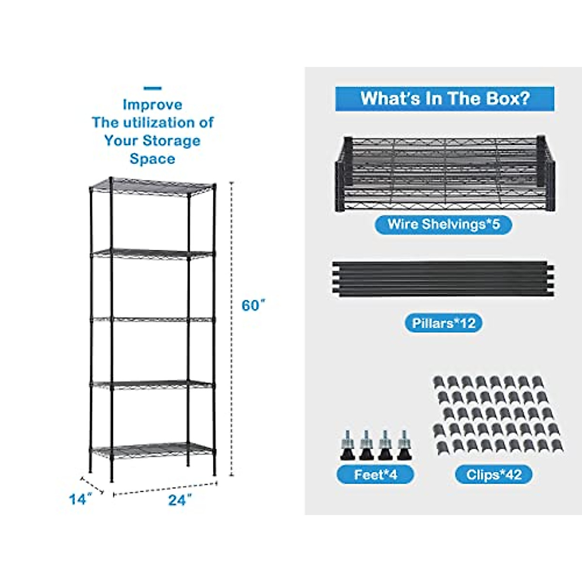 5-Shelf Metal Shelving Unit Height Adjustable Commercial Wire Shelving Rack with Leveling Feet 150Lb Capacity Per Shelf 24"x14"x60" Utility Storage Shelves for Kitchen Home Restaurant Pantry Office