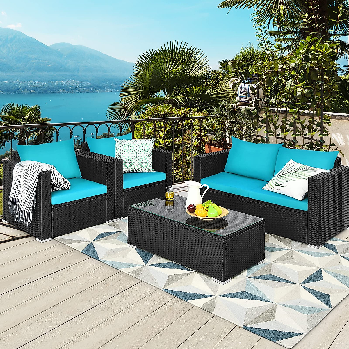 Tangkula 4 Piece Patio Rattan Conversation Furniture Set, Outdoor Wicker Sofa Set with Padded Cushion & Tempered Glass Coffee Table, Wicker Sectional Sofas and Table for Courtyard (1, Turquoise)