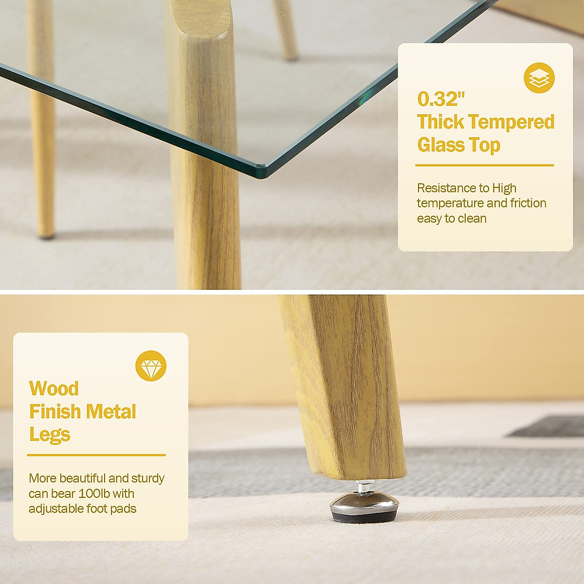 Bacyion Glass Dining Table - 47 Inch Kitchen Table for 2 or 4, Modern Rectangle Dinner Tables with Metal Legs, Wood Skin, Small Dining Room Table for Apartment or Small Spaces,Easy Assembly, Natural