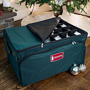 TreeKeeper (Green Christmas Ornament Storage Box with Dividers) - Deluxe Ornament Keeper - Holds 72 Ornaments up to 4 Inches in Diameter | 3 Removable Trays with Separators | Acid-Free Fabric Lining